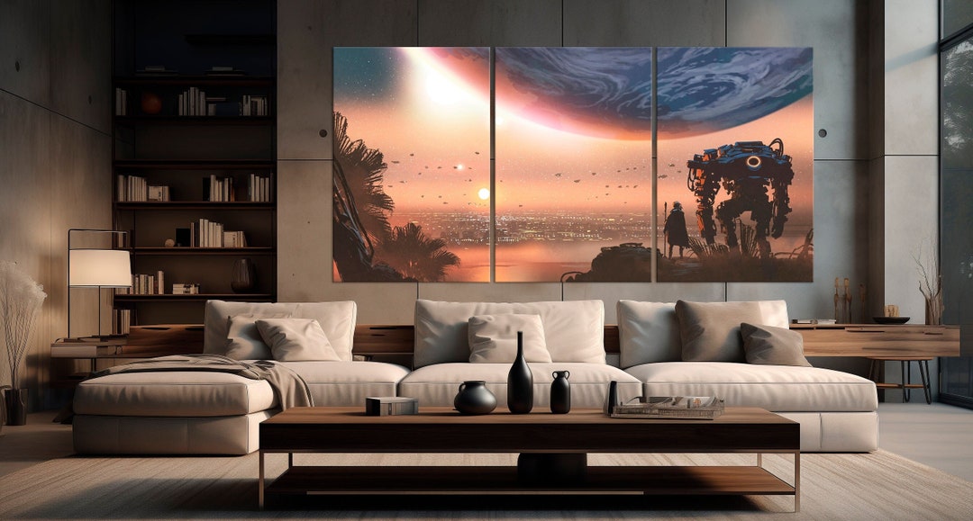 Man With Robot Canvas Wall Art Sci-fi Print Fantastic Art Aliens Planet ...