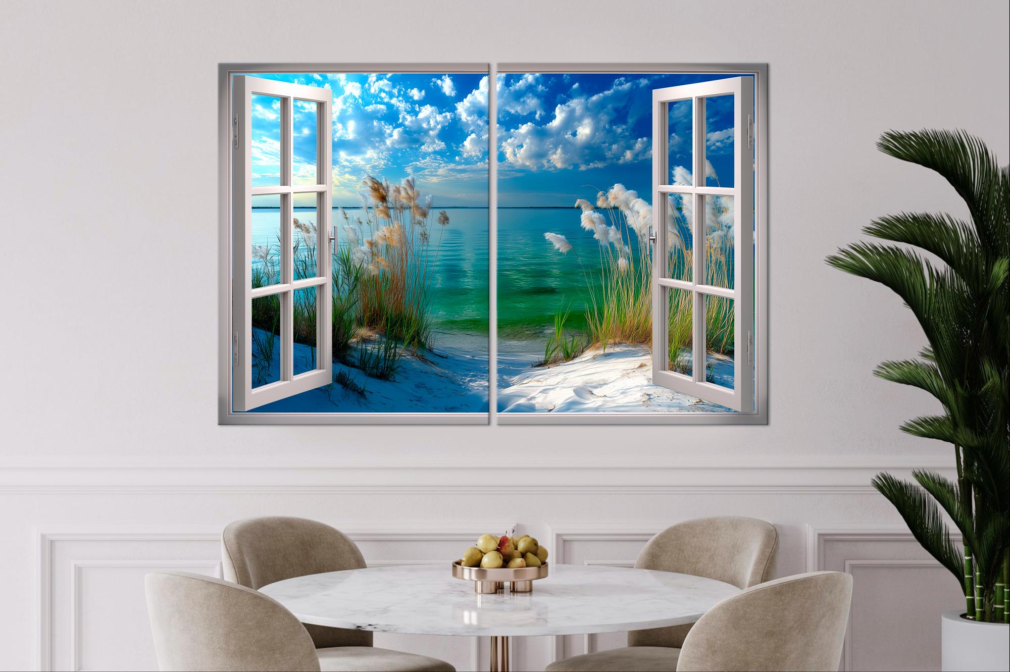 Open Window With Sea View Painting Canvas Print Sandy Beach Dunes Lake ...