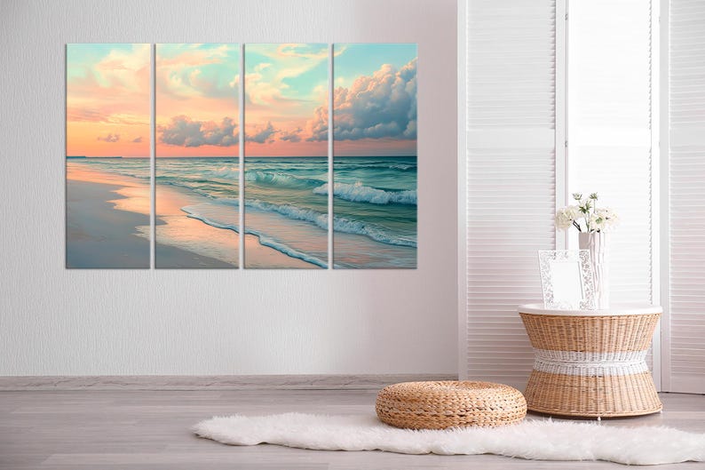 Ocean Beach at Sunset Canvas Wall Art Sea Sunrise Print Pastel Clouds ...