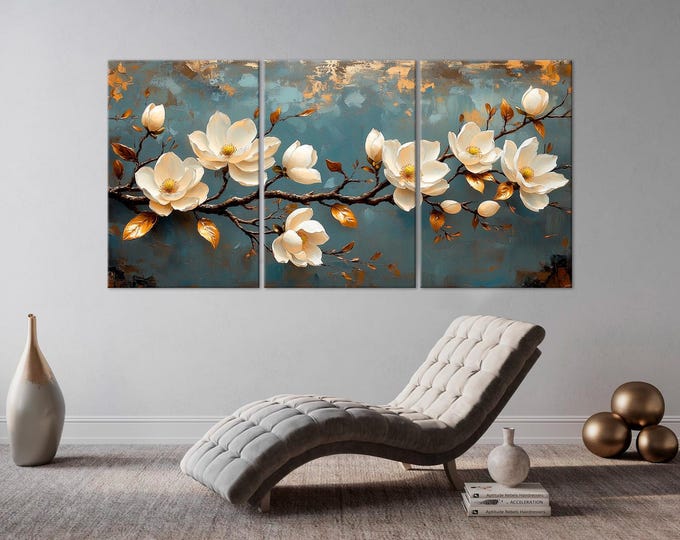 Abstract Magnolia Flower on a Golden Background Painting Printed on ...