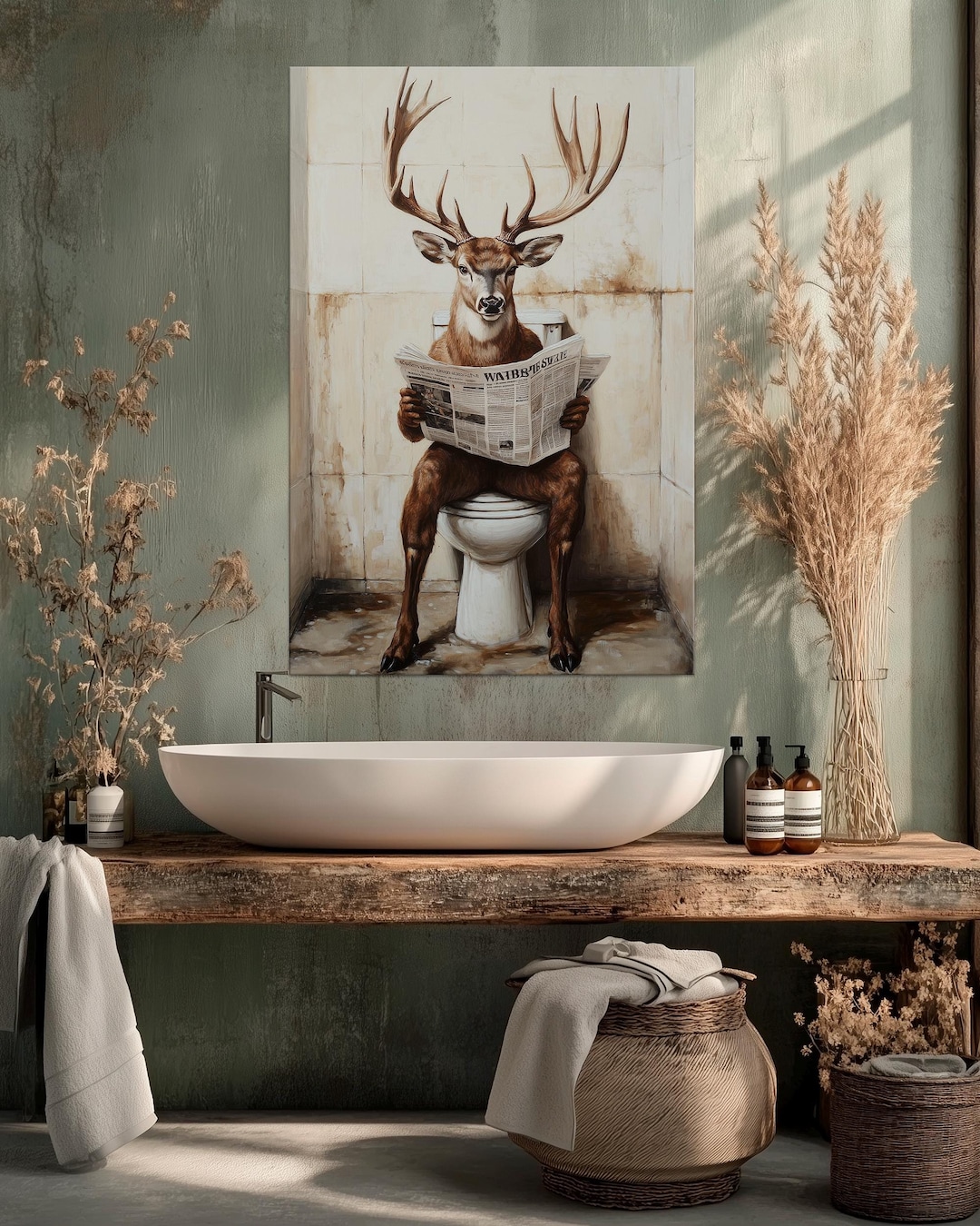 Deer on Toilet Reading Newspaper Canvas Print Bathroom Decor Toilet ...