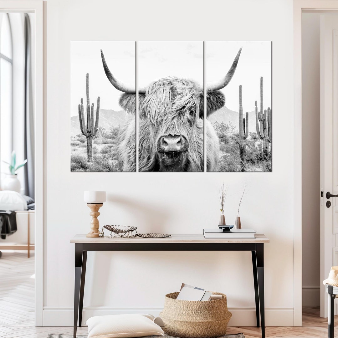 Highland Cow in Desert With Cacti Canvas Wall Art Farmhouse Decor Сow ...