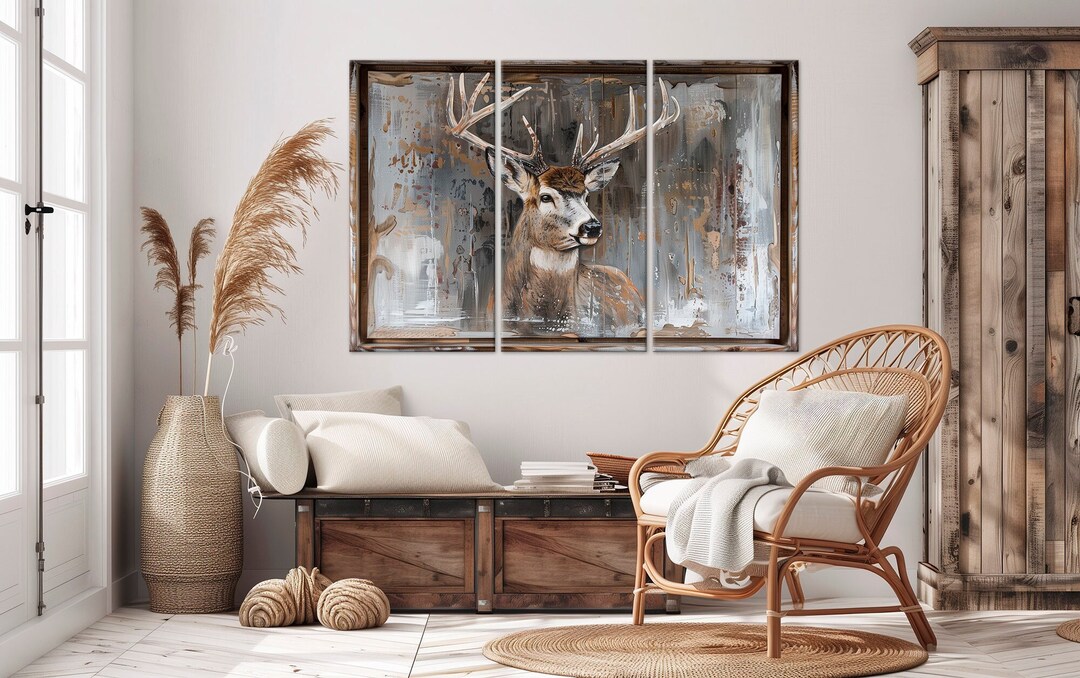 Deer Canvas Wall Art Deer Painting Print Rustic Wall Decor Elk on Wood ...