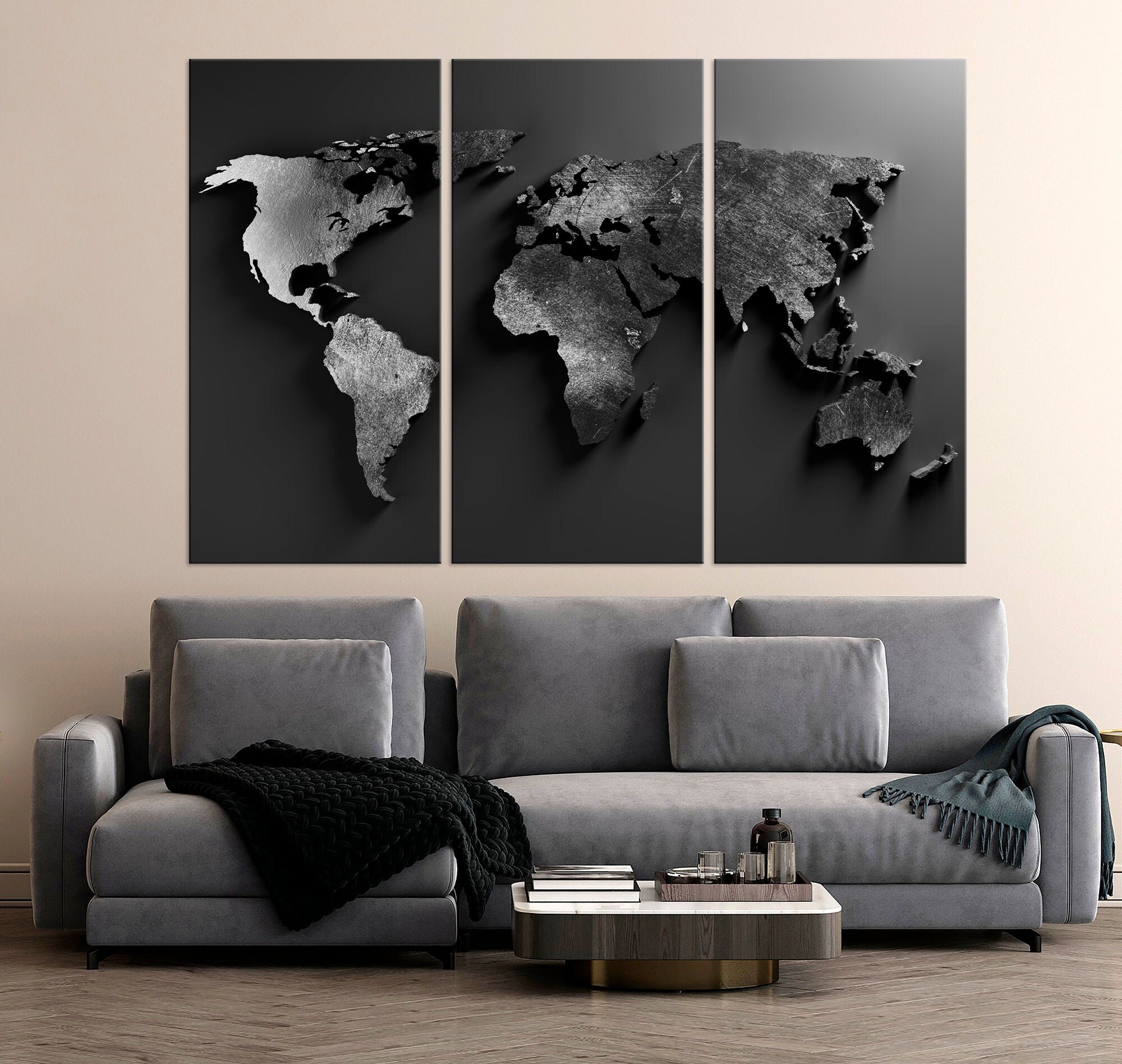 World map canvas wall art Black World map grunge style Man | Etsy