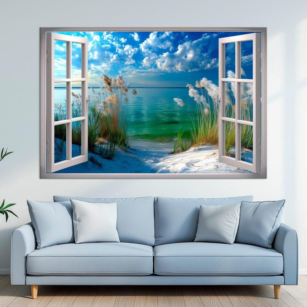 Open Window With Sea View Painting Canvas Print Sandy Beach Dunes Lake ...