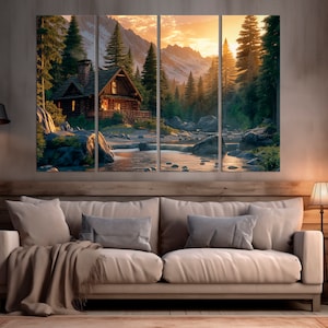 Hunting Lodge Canvas Wall Art Forest Print Mountain River Cabin Cozy ...