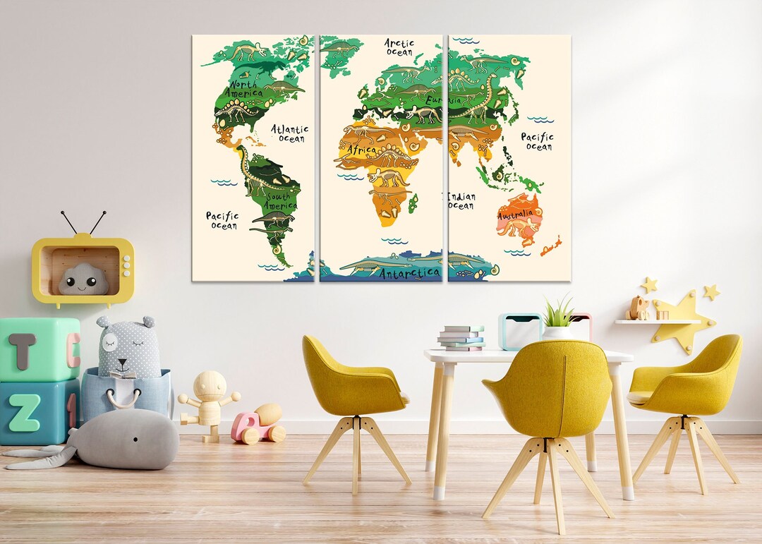 Dinosaurs Kids World Map Wall Art Dinosaurs Map Canvas Print - Etsy