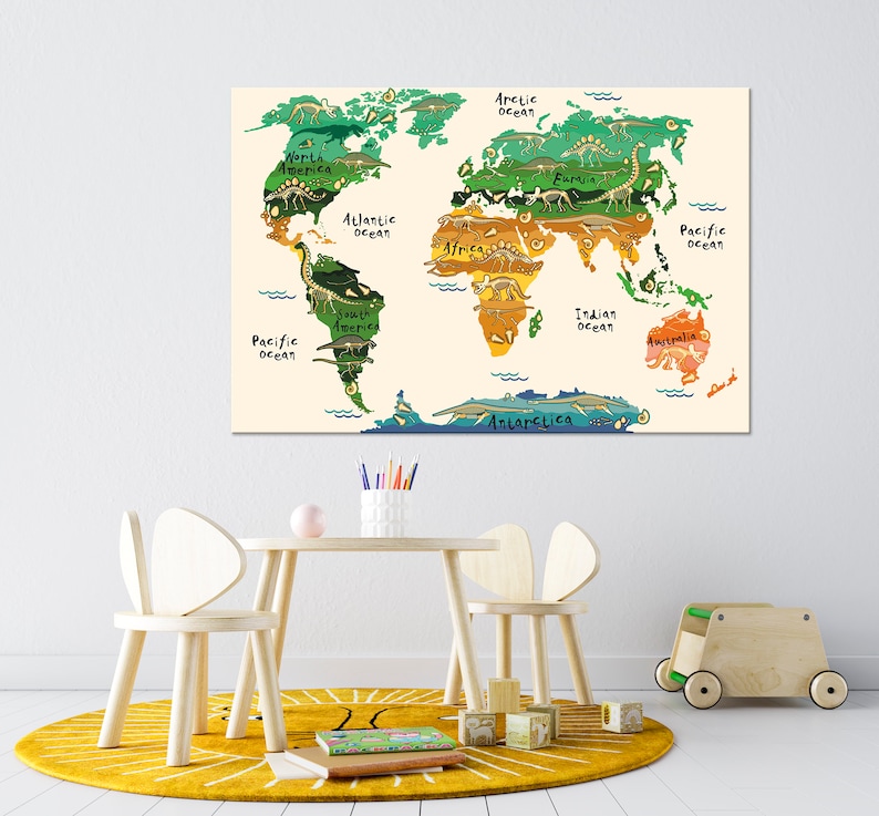 Dinosaurs Kids World Map Wall Art Dinosaurs Map Canvas Print - Etsy