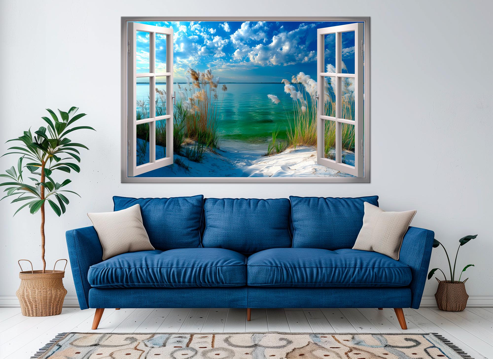 Open Window With Sea View Painting Canvas Print Sandy Beach Dunes Lake ...