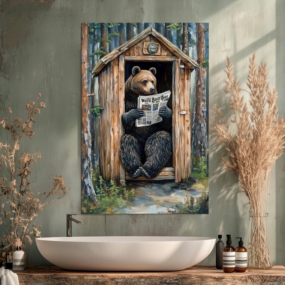Bear in Outhouse Toilet in the Forest Canvas Print Bathroom Decor ...