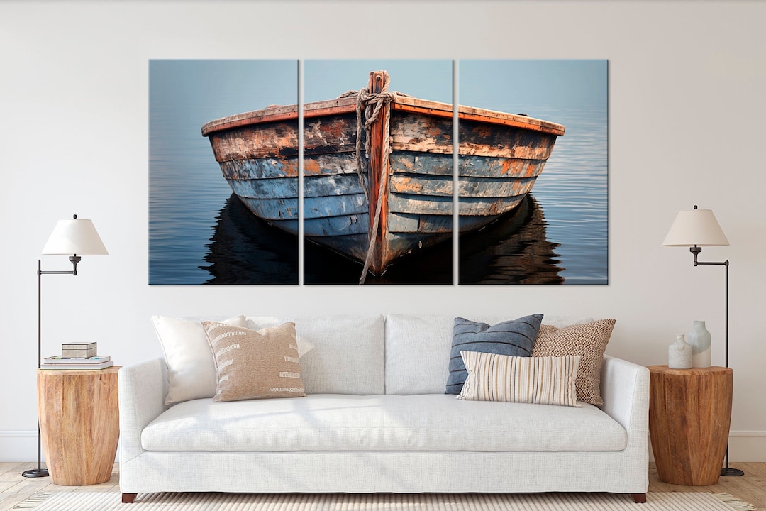 Rustic Wooden Boat Canvas Wall Art Boat on the Water Print Lake House ...