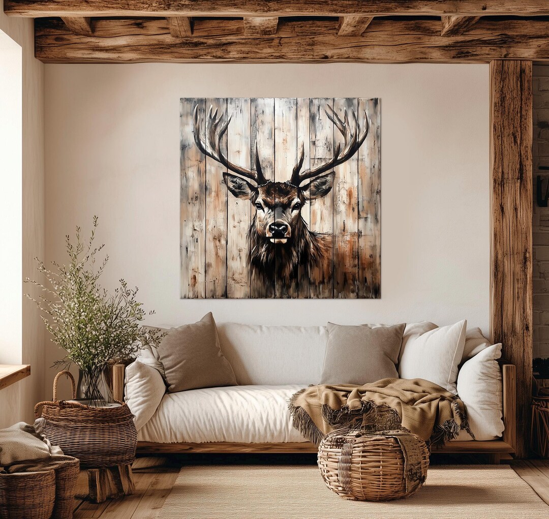Deer Canvas Wall Art Rustic Wall Decor Deer Painting Print Elk on Wood ...