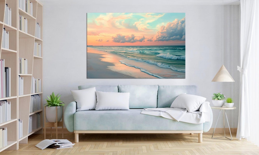 Ocean Beach at Sunset Canvas Wall Art Sea Sunrise Print Pastel Clouds ...