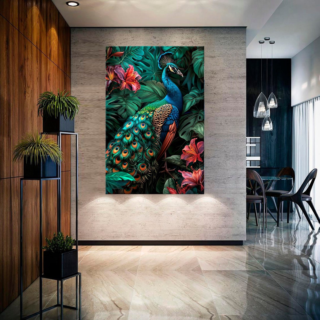 Peacock Canvas Wall Art Peacock Painting Print Tropical Wall Decor Bird ...