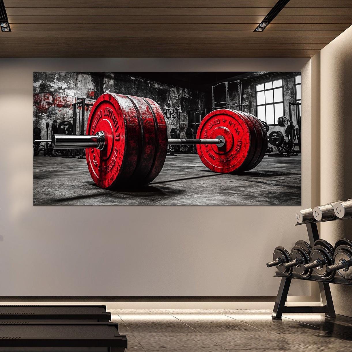 Red Barbell Canvas Wall Art - Motivational Weightlifting Print Sports ...
