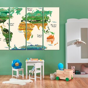 Dinosaurs Kids World Map Wall Art Dinosaurs Map Canvas Print Map of the ...