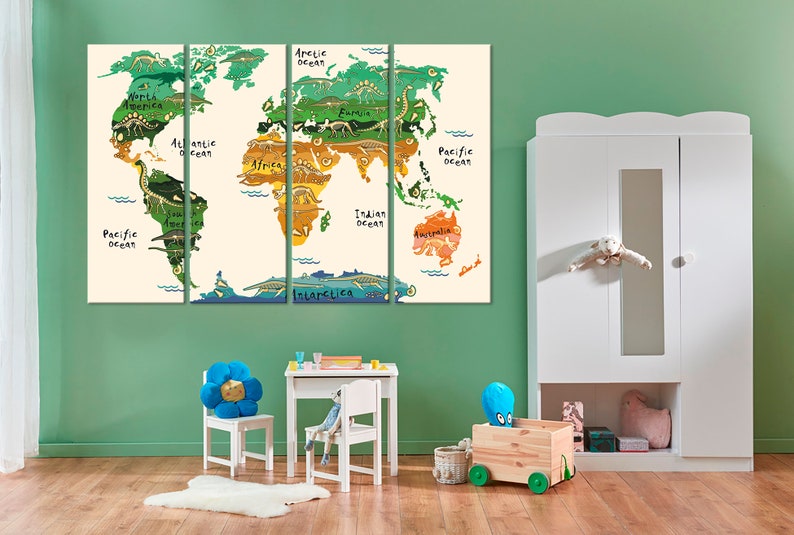 Dinosaurs Kids World Map Wall Art Dinosaurs Map Canvas Print - Etsy