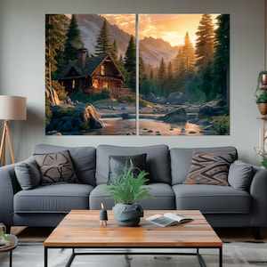 Hunting Lodge Canvas Wall Art Forest Print Mountain River Cabin Cozy ...