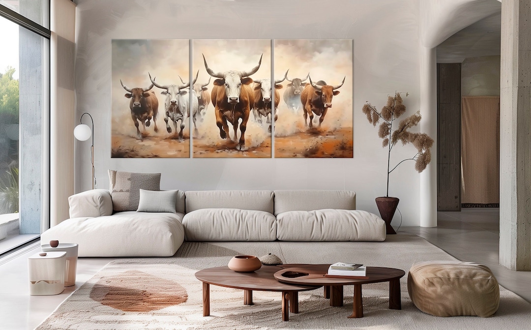 Herd of Texas Longhorns Running Canvas Wall Art Cattle Print Rustic ...
