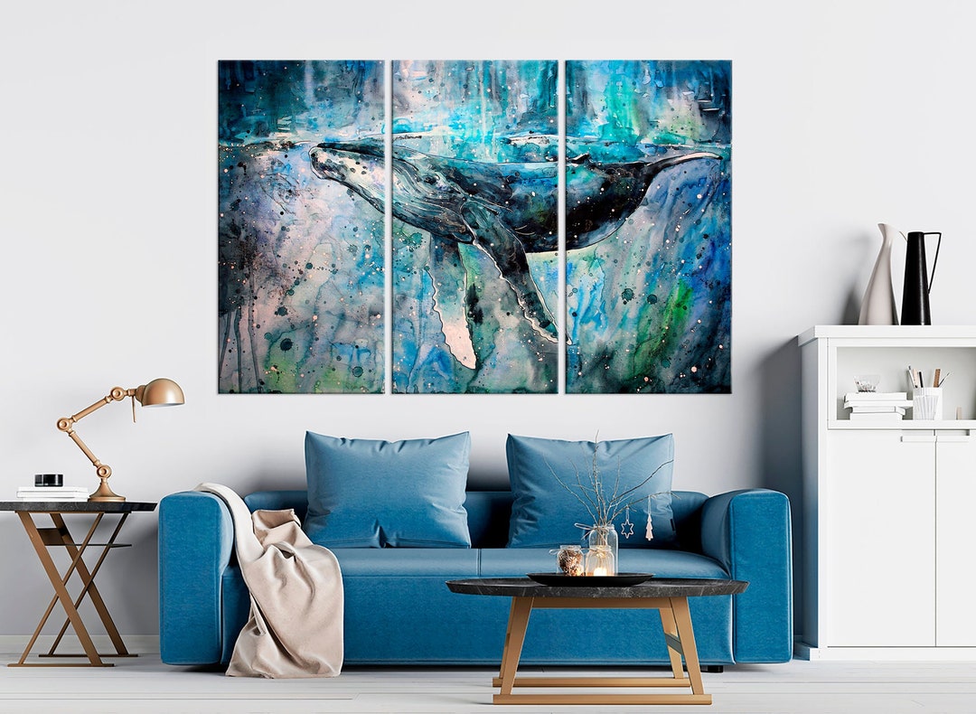 Whale Canvas Wall Art Watercolor Blue Whale Print Multi Panel Canvas ...