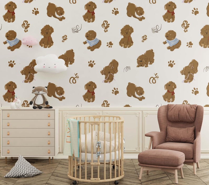Puppy Wallpaper Mural – Cute Dog Nursery Wall Decor – Teddy Doodle Kids ...