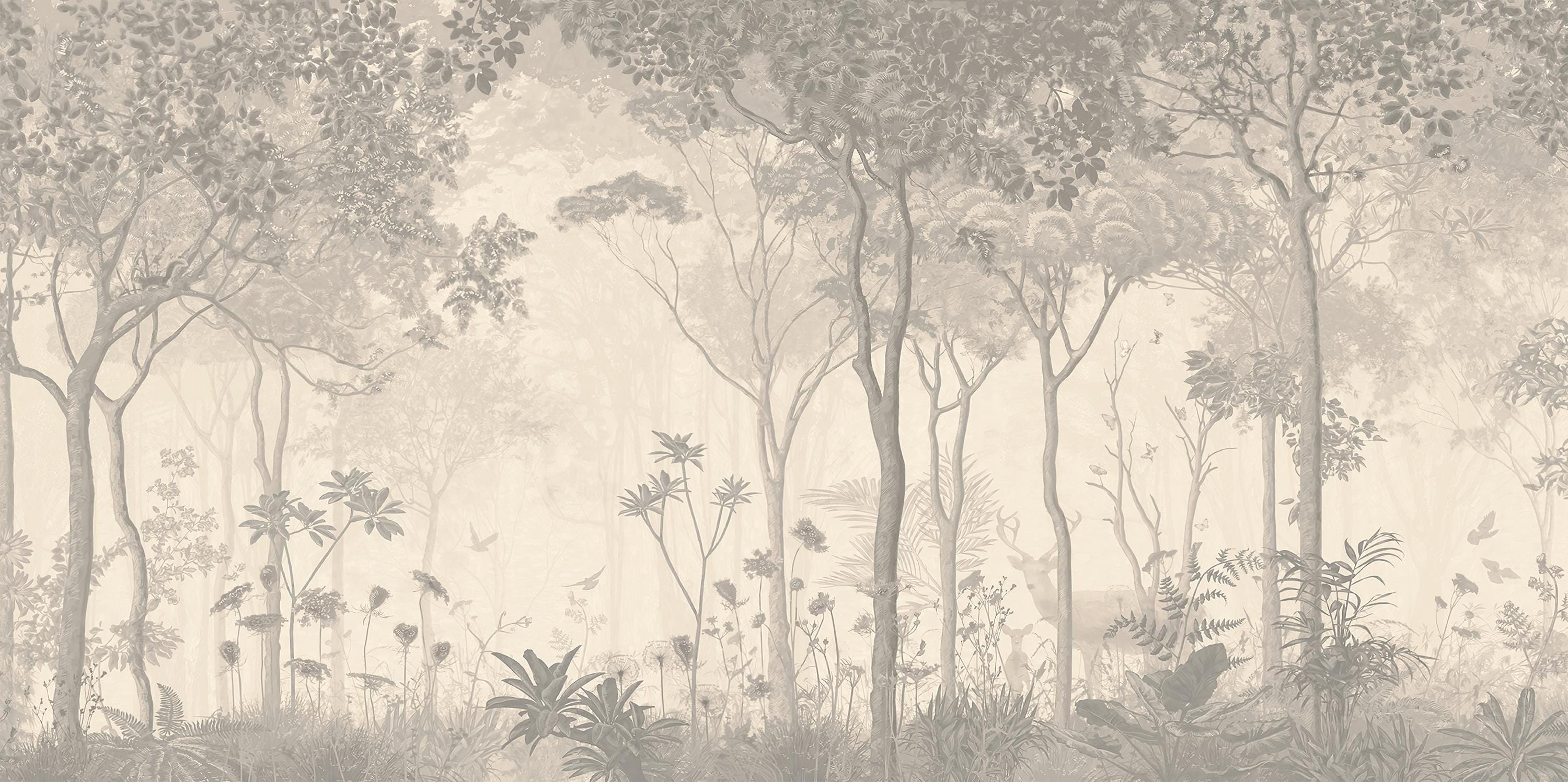 Foggy Forest Wallpaper Mural – Beige Woodland Wall Mural – Neutral Tree ...