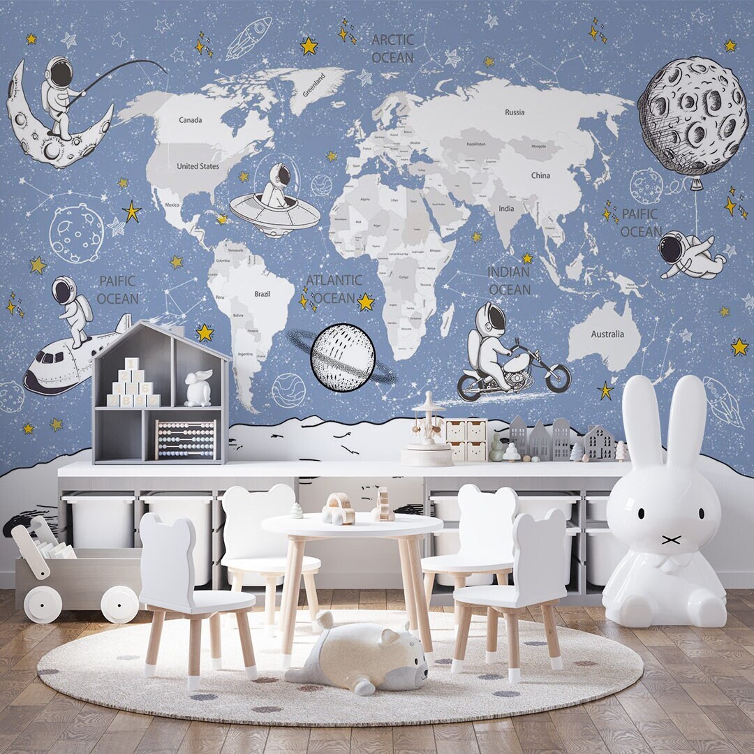 Kids World Map Outer Space Design - Wall Mural Decals Posters for Girls ...