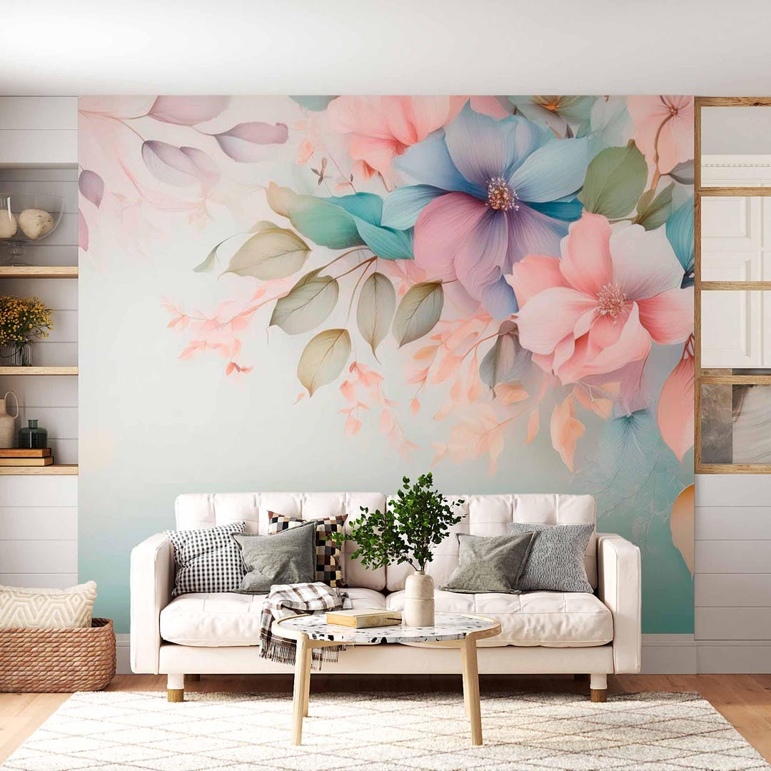Blush Pink and Blue Floral Wallpaper Mural - Dreamy Watercolor Floral ...