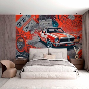 Vintage Car Wallpaper Mural - Bright Red Car Wall Decor - Sports Car ...