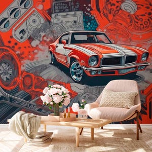 Vintage Car Wallpaper Mural - Bright Red Car Wall Decor - Sports Car ...