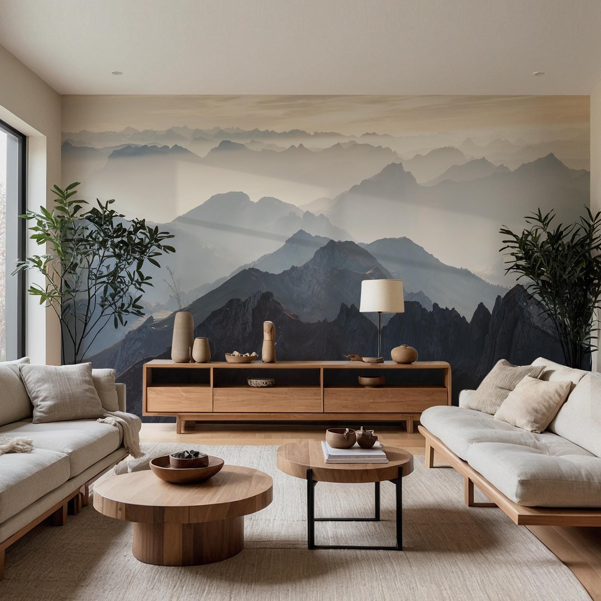 Mountain Wall Mural – Neutral Tones Peel and Stick Wallpaper, Calm ...
