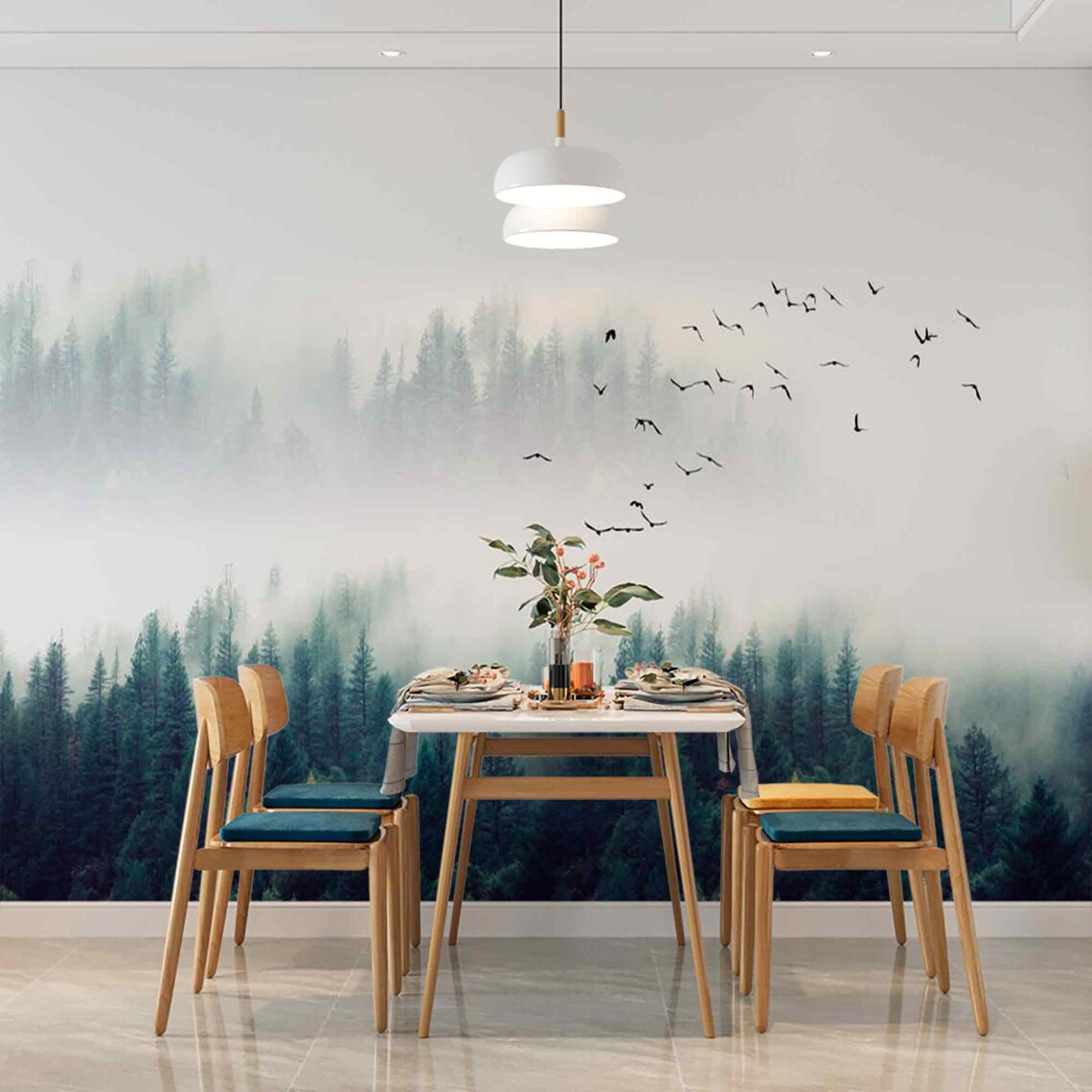 Misty Forest Wall Mural-tranquil Evergreen Landscape With Birds ...