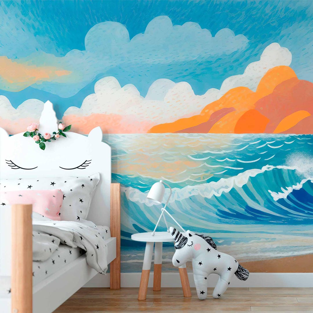 Ocean Wave Wallpaper for Kids Beach Landscape Wallpaper Sunset Mural No ...
