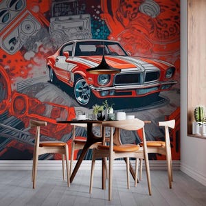 Vintage Car Wallpaper Mural - Bright Red Car Wall Decor - Sports Car ...