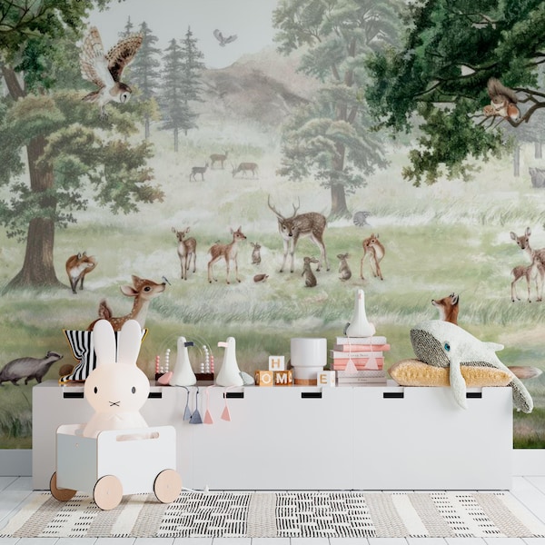 Forest Animals Nursery Wallpaper Woodland Wall Art Watercolor Trees ...