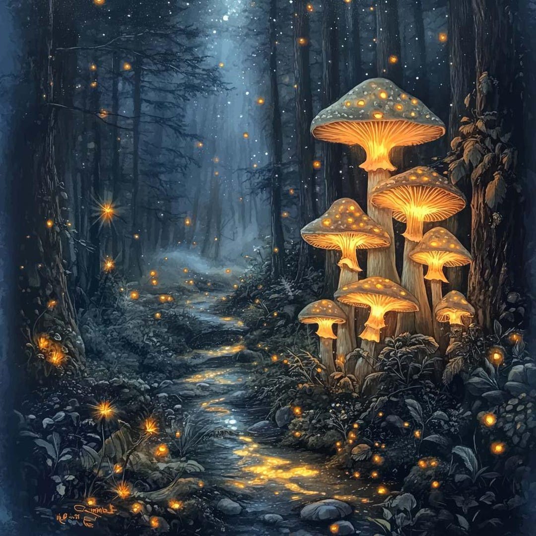 Fantasy Forest Wall Mural With Glowing Mushrooms, Enchanted Woodland ...