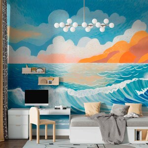 Ocean Wave Wallpaper for Kids - Beach Landscape Wallpaper Sunset Mural ...