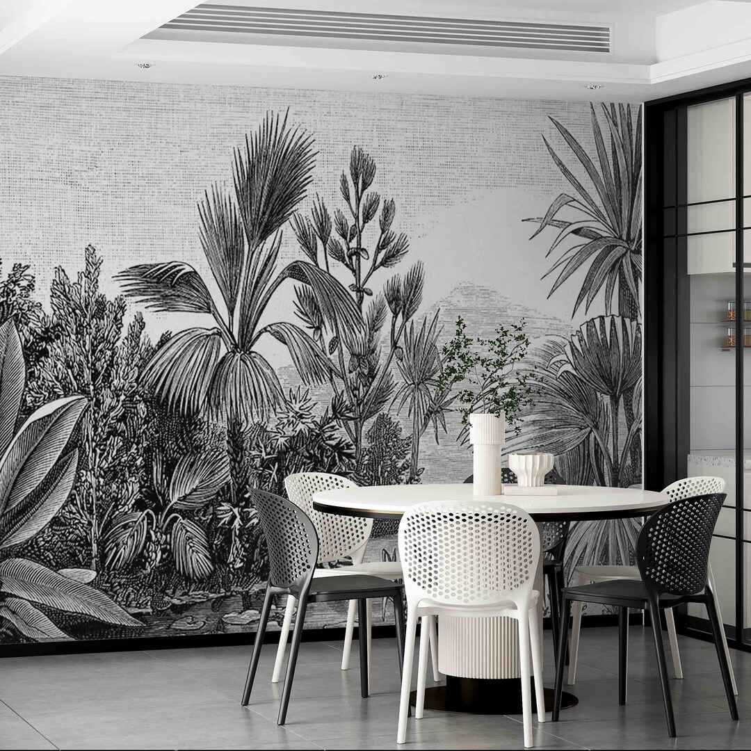 Tropical Forest Wall Mural Exotic Landscape Engraving Palm Leaf Decor ...