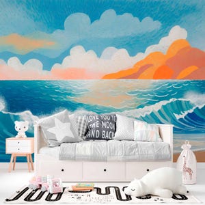 Ocean Wave Wallpaper for Kids - Beach Landscape Wallpaper Sunset Mural ...