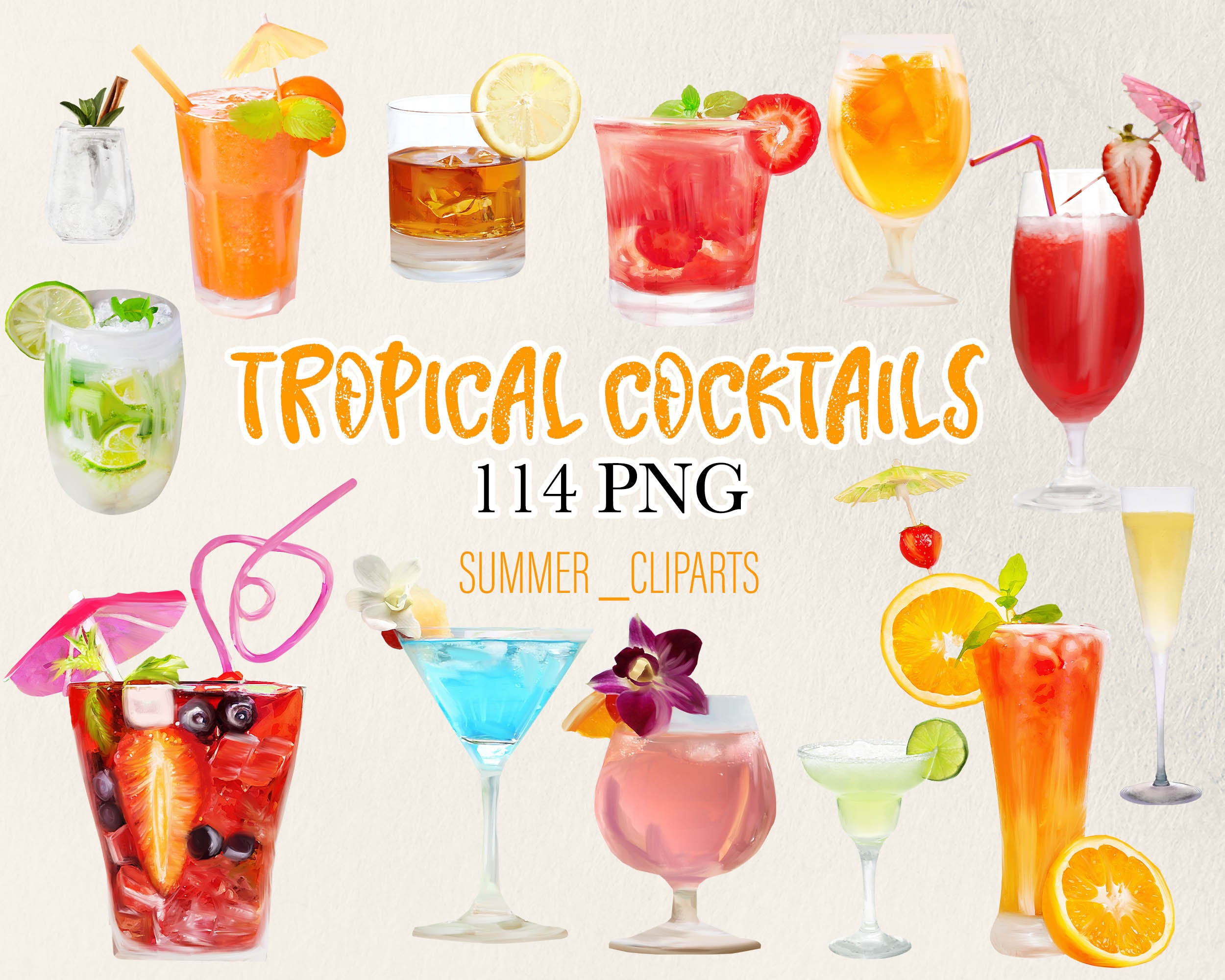 Tropical Cocktail Clipart: 114 Summer Drinks PNG (digital Download) - Etsy