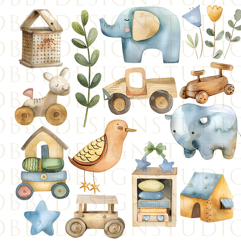 Watercolor Eco Toys Clipart Boho Baby Watercolor Clipart Birthday ...