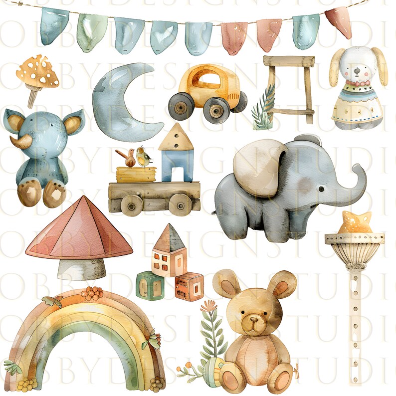 Watercolor Eco Toys Clipart Boho Baby Watercolor Clipart Birthday ...