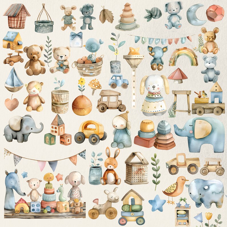 Watercolor Eco Toys Clipart Boho Baby Watercolor Clipart Birthday ...