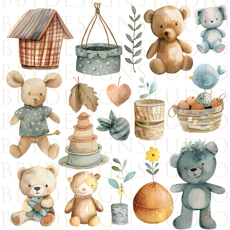 Watercolor Eco Toys Clipart Boho Baby Watercolor Clipart Birthday ...