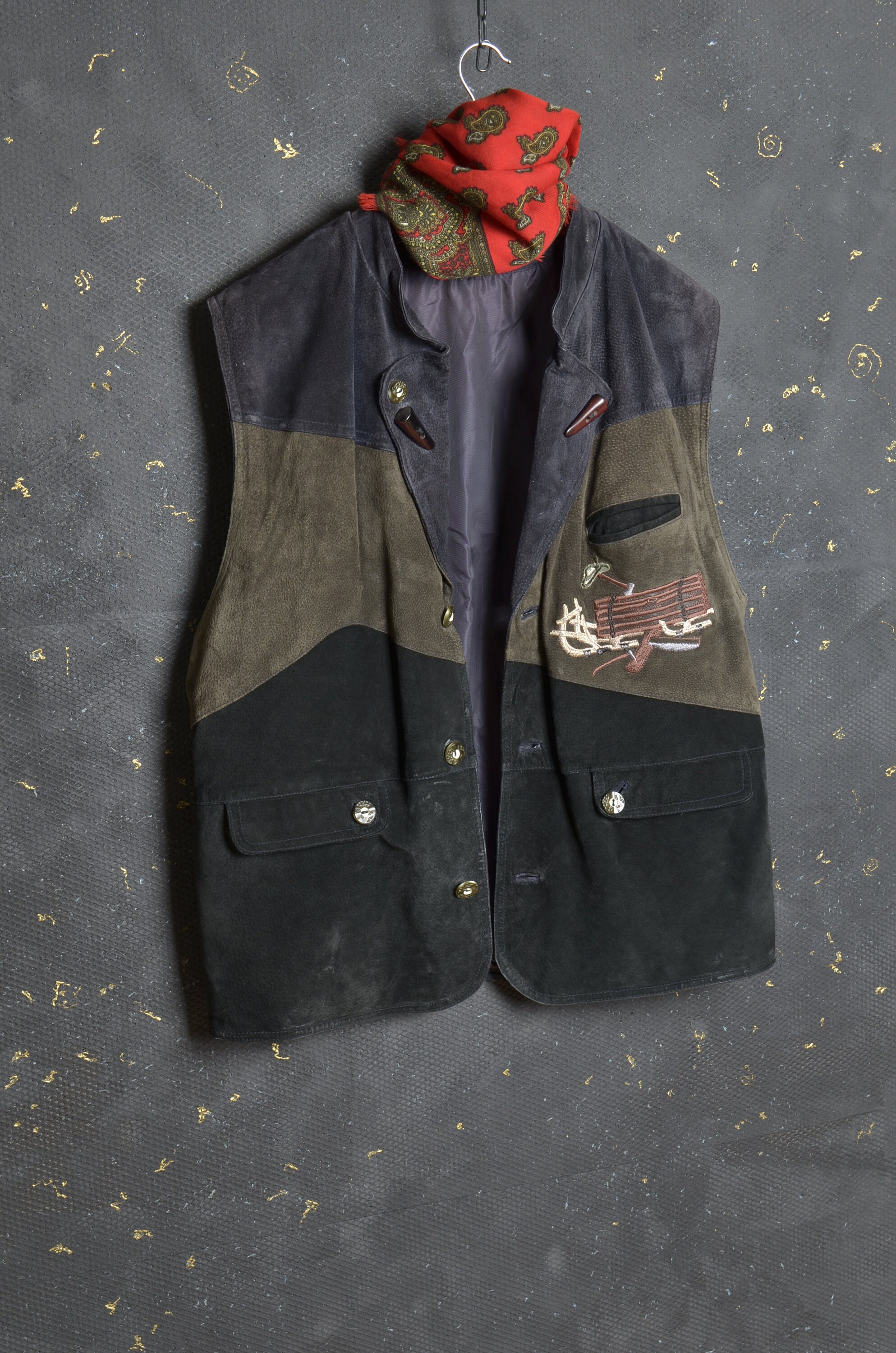 VINTAGE Trachten Vest L Men Germany Country Shooting Real Leather ...