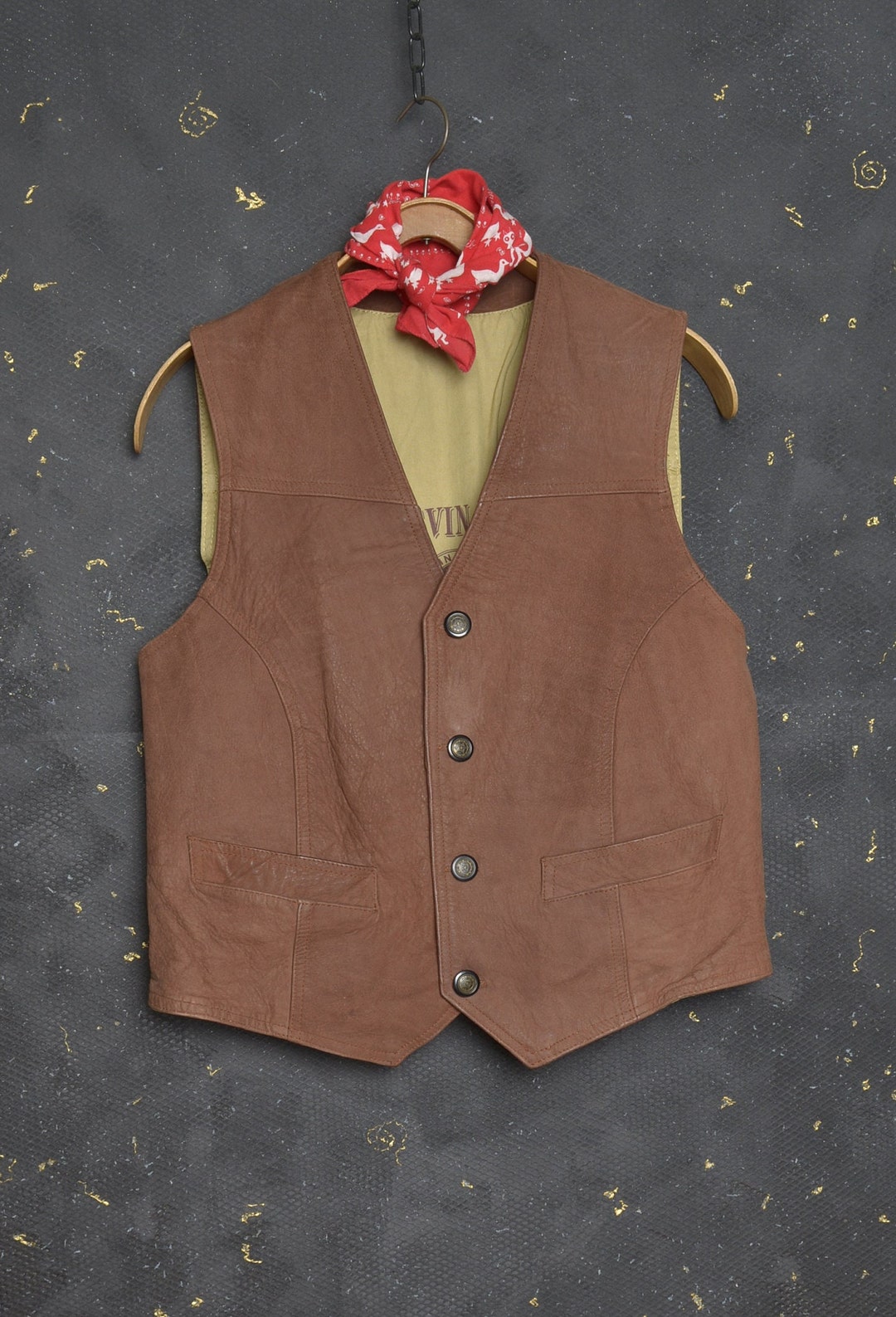 Vintage Real Leather Work Vest M Men Workwear Cowboy Waistcoat Tan ...