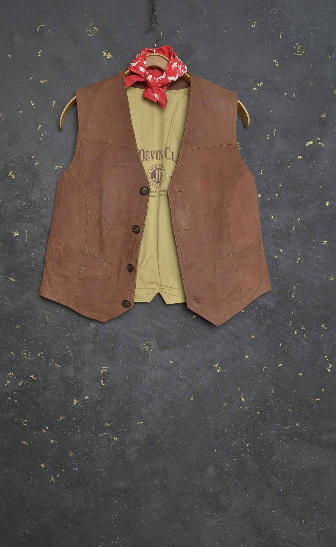 Vintage Cowboy Vest M Men Leather Western Waistcoat Dark Tan Workwear ...