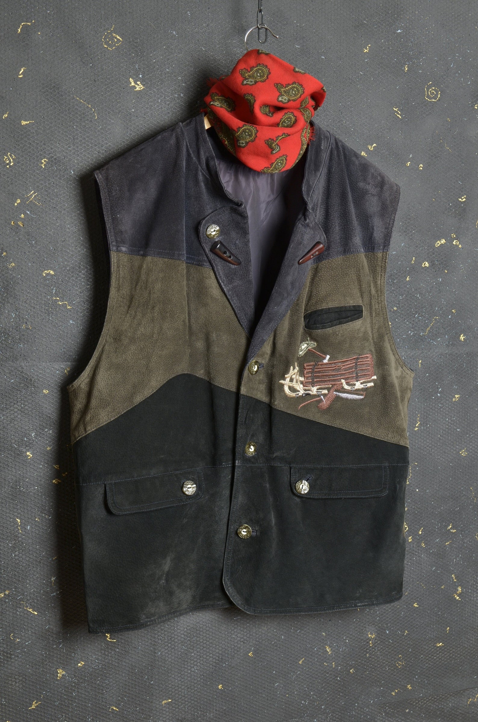 VINTAGE Trachten Vest L Men Germany Country Shooting Real Leather ...