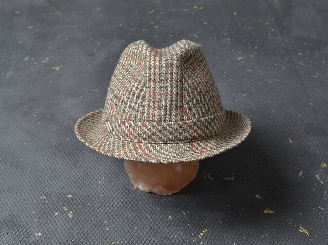 Vintage Hat Mens Fedora Hat Check Plaid Gingham Tweed Beige Brown Green ...