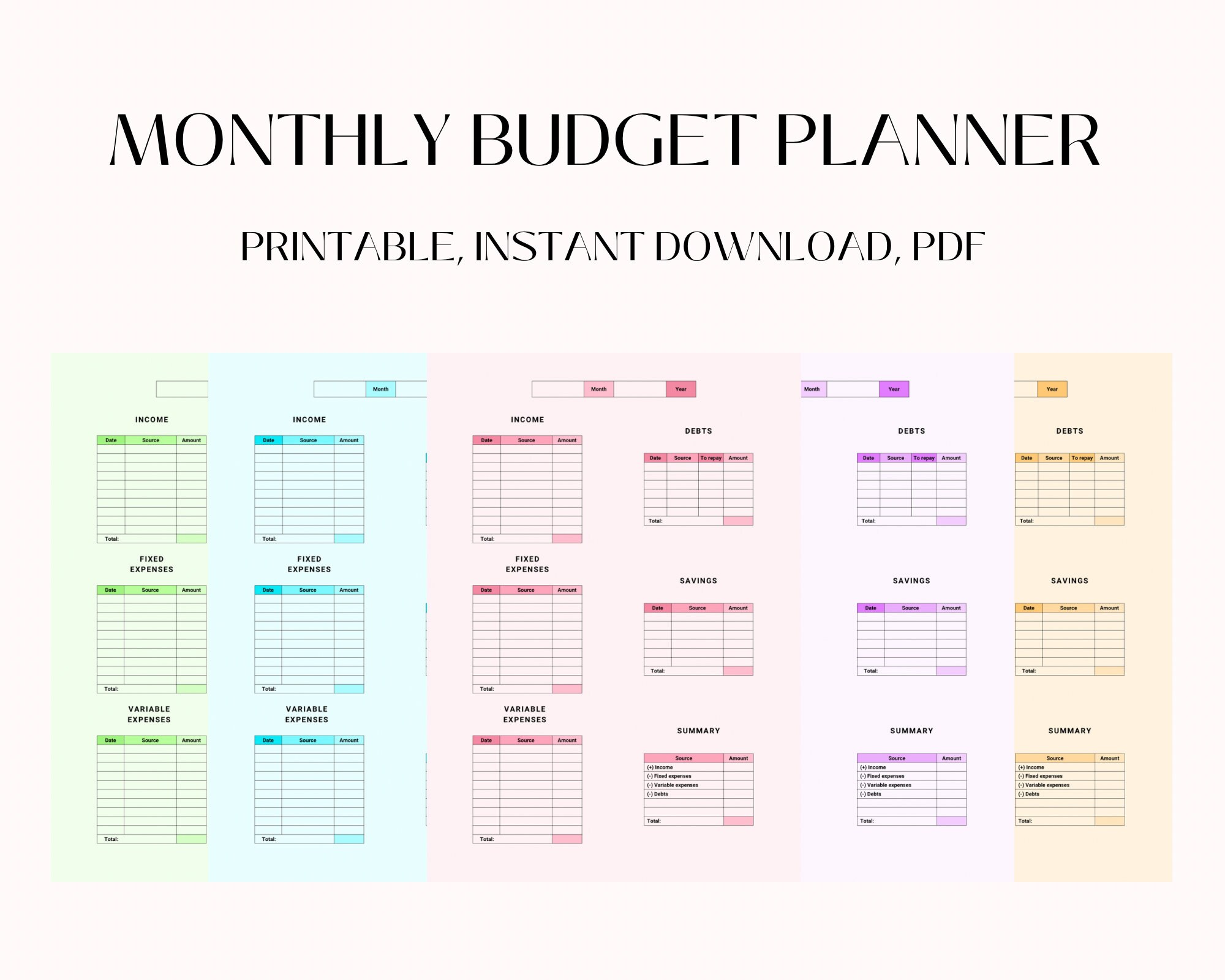 Pastel Minimalist Monthly Budget Planner | Income | Expenses | Debts ...